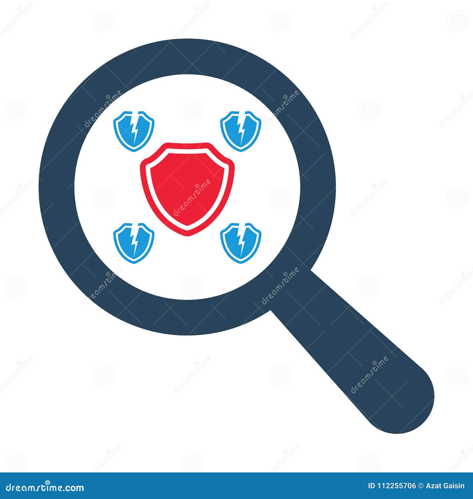 Magnifying Optical Glass with Shield and Broken Shields Icons on White ...