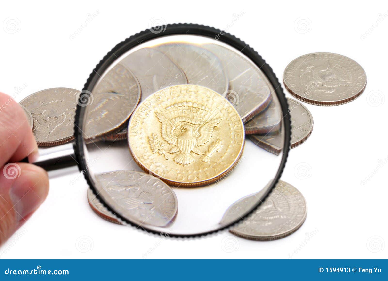Magnifying usa coins stock image. Image of golden, bank - 1594913