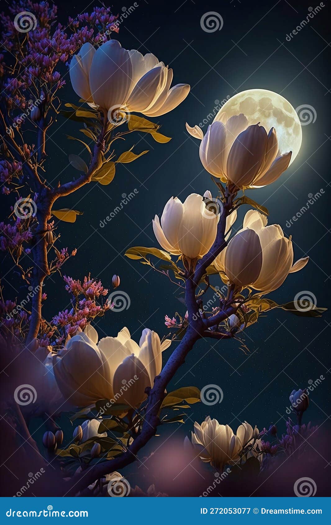 Magnolia Flowers on Branches at Night with Full Moon Stock Illustration ...