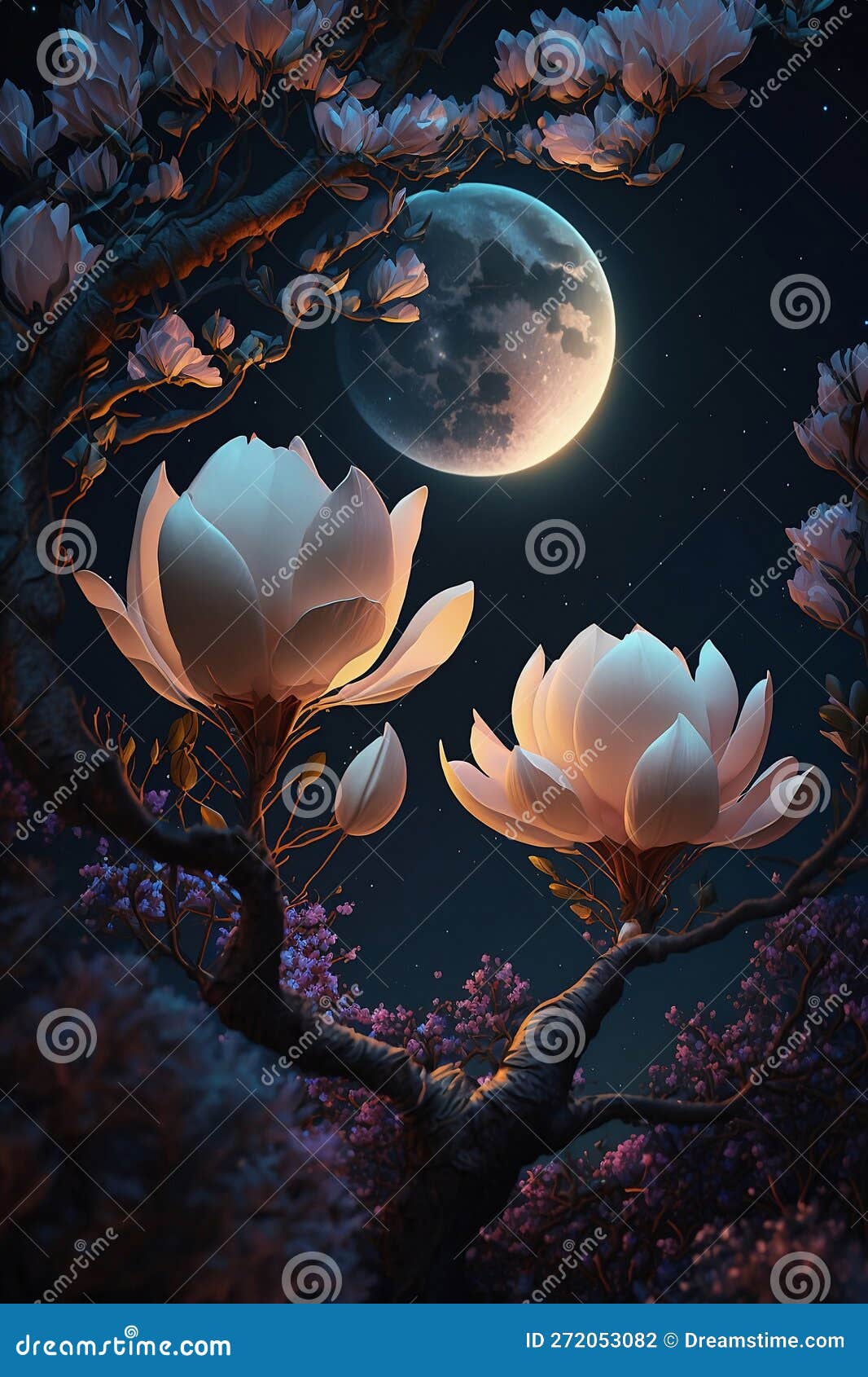 Magnolia Flowers on Branches at Night with Full Moon Stock Illustration ...