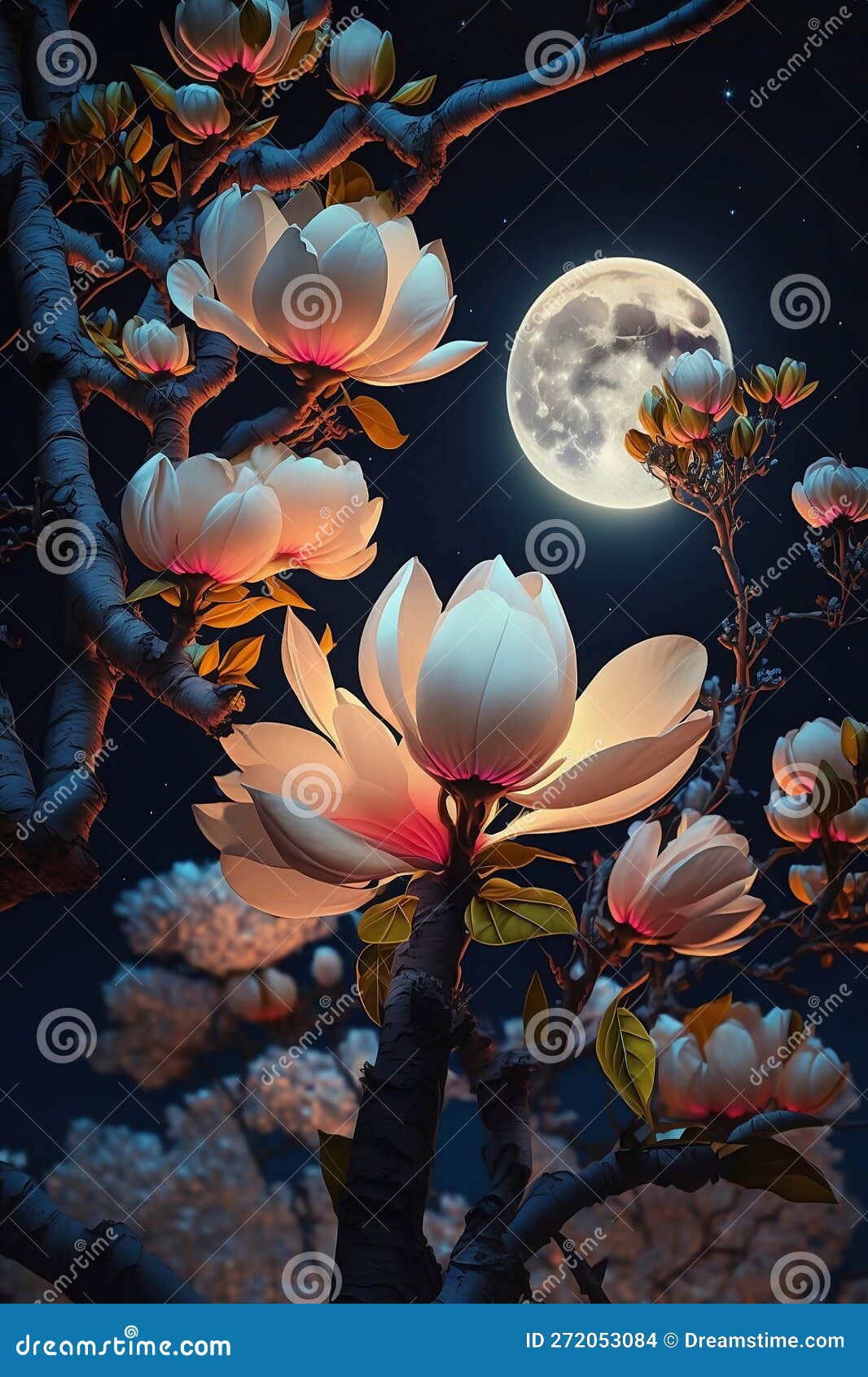 Magnolia Flowers on Branches at Night with Full Moon Stock Illustration ...