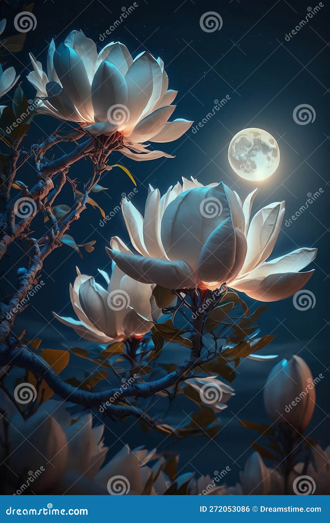 Magnolia Flowers on Branches at Night with Full Moon Stock Illustration ...