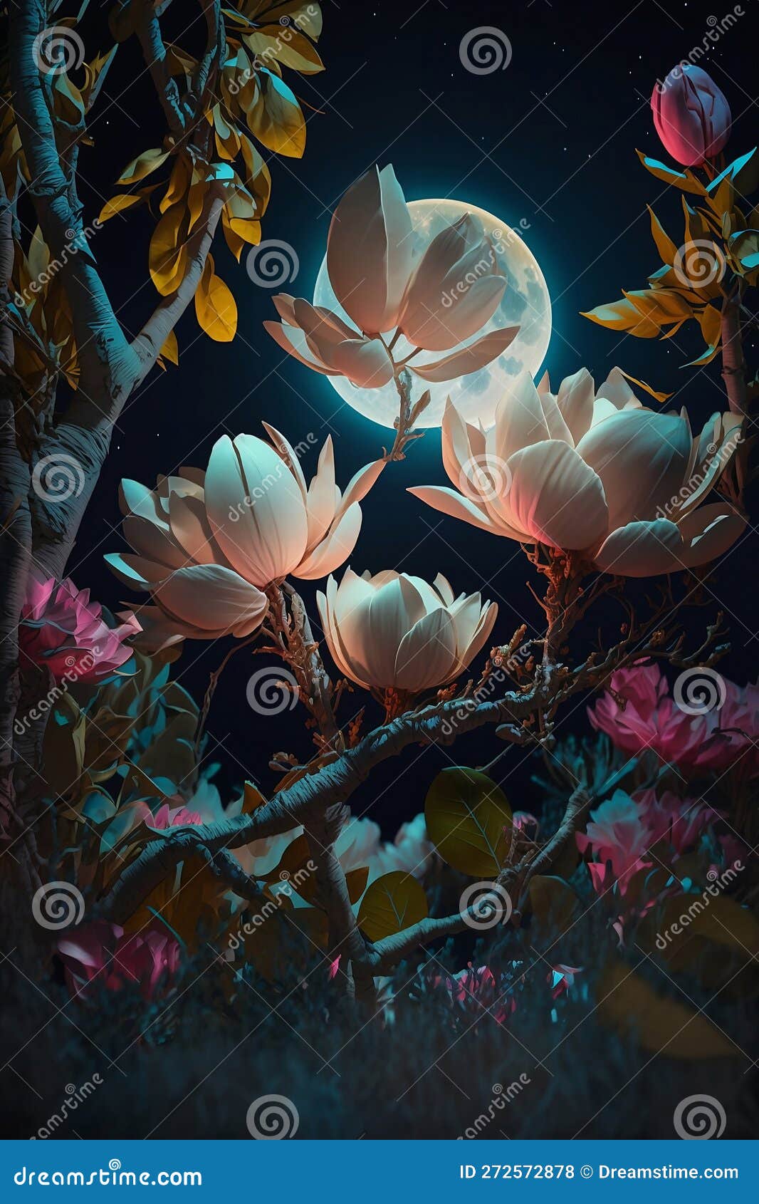 Magnolia Flowers on Branches at Night with Full Moon Stock Illustration ...