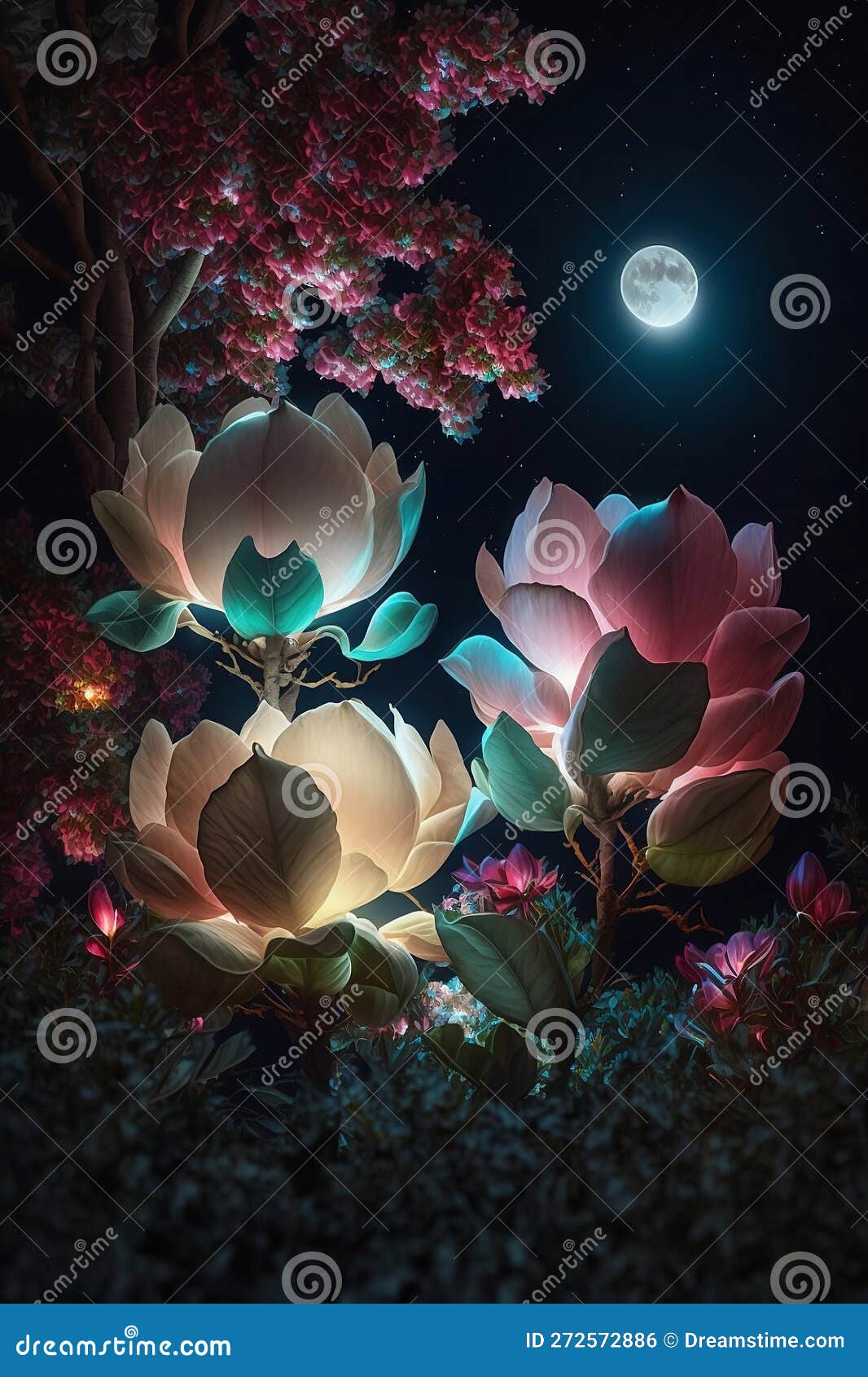 Magnolia Flowers on Branches at Night with Full Moon Stock Illustration ...
