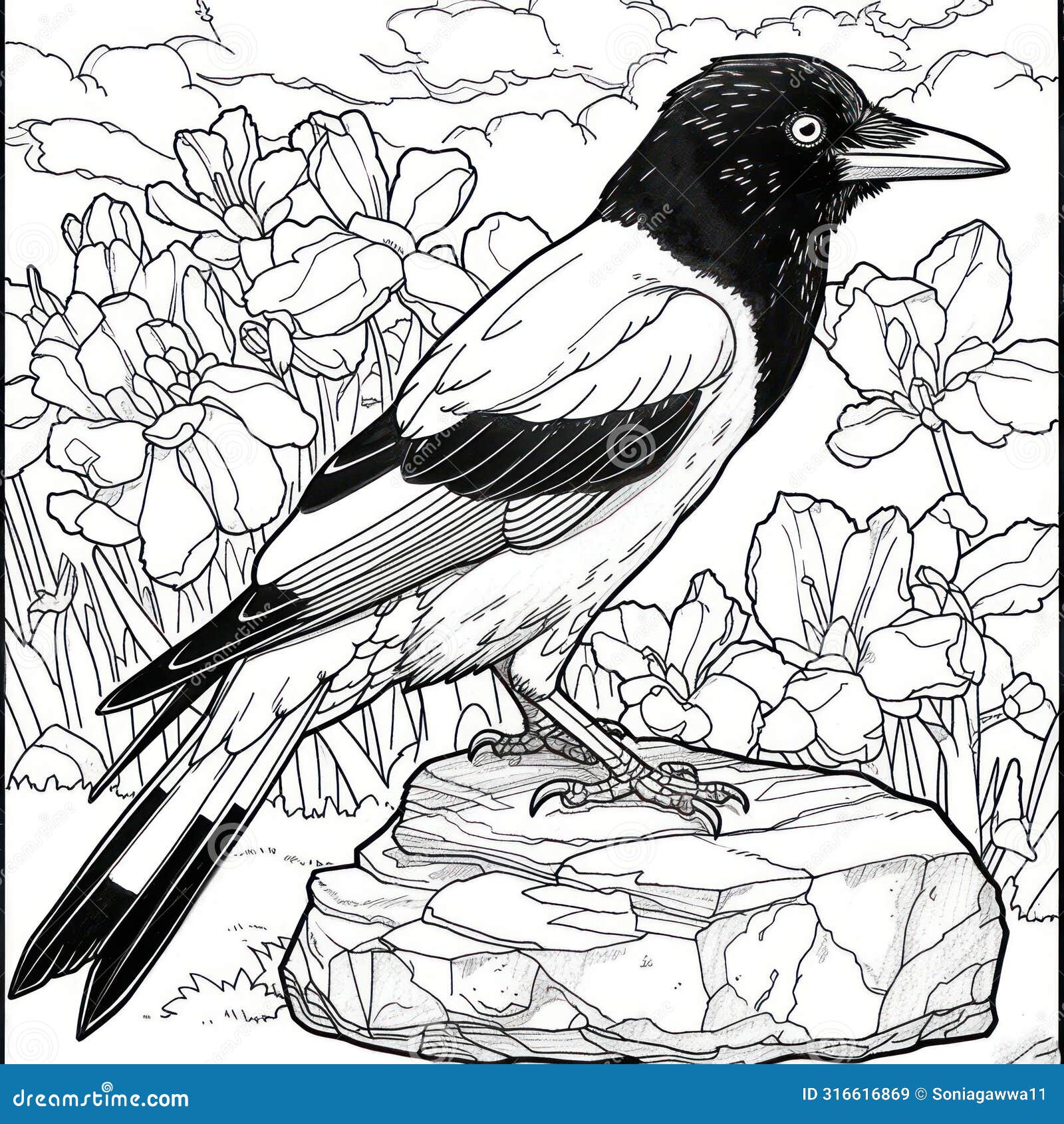 Magpie Bird Drawing Coloring Book Page Stock Illustration ...