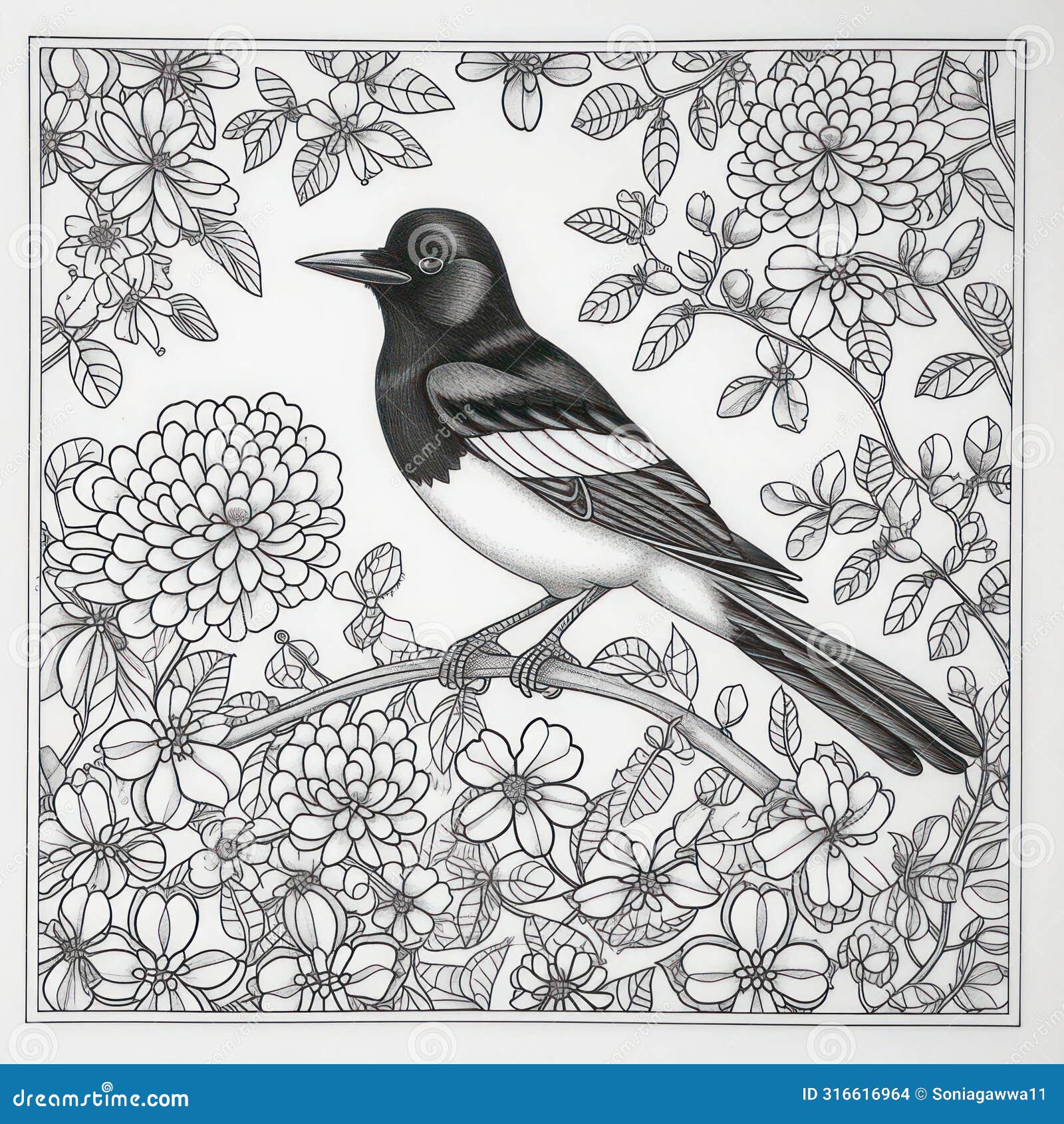 Magpie Bird Drawing Coloring Book Page Stock Illustration ...