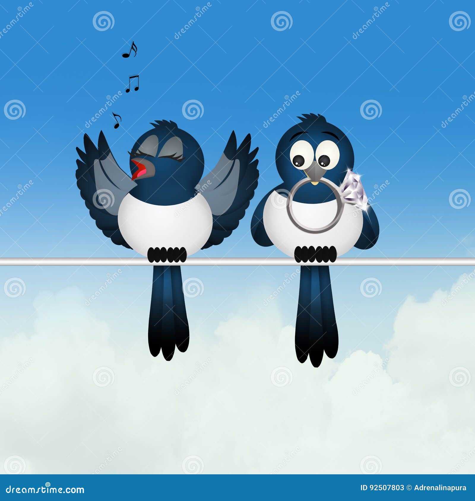 Magpie couple on wire stock illustration. Illustration of jewel - 92507803