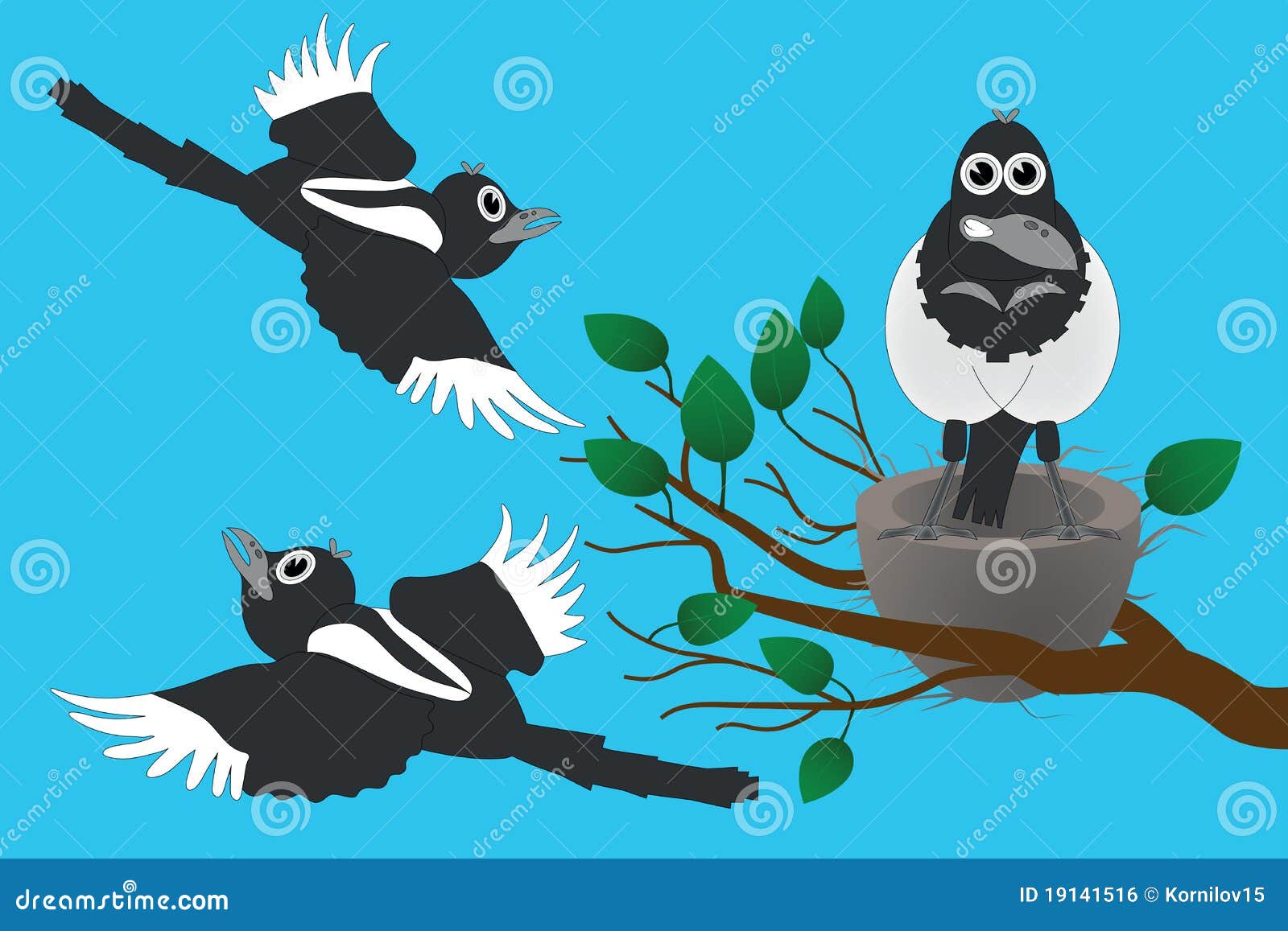Magpies stock vector. Illustration of beak, leaf, artwork - 19141516