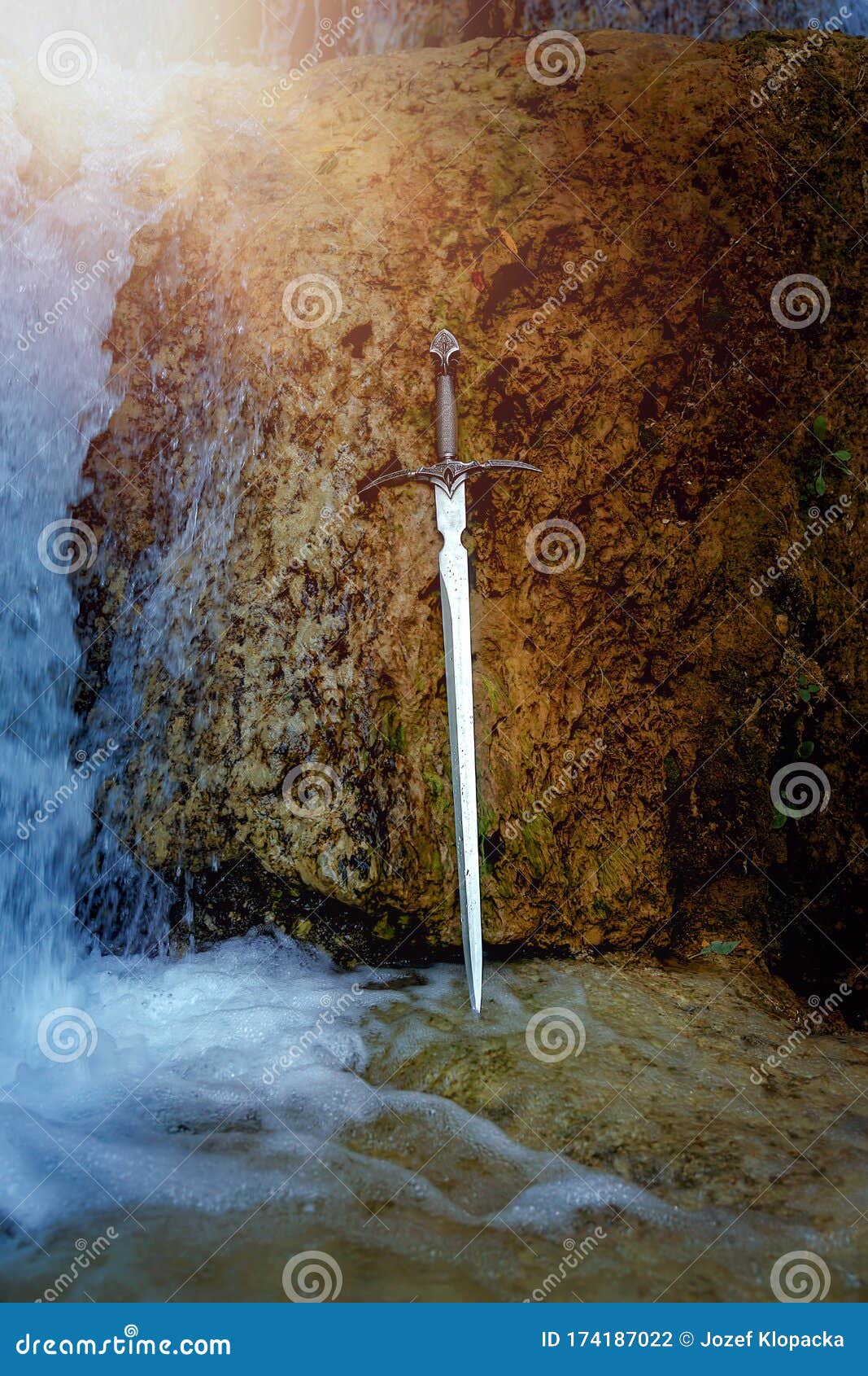 Magyc Sword in Lake at Waterfall. Stock Photo - Image of ancient, dark ...
