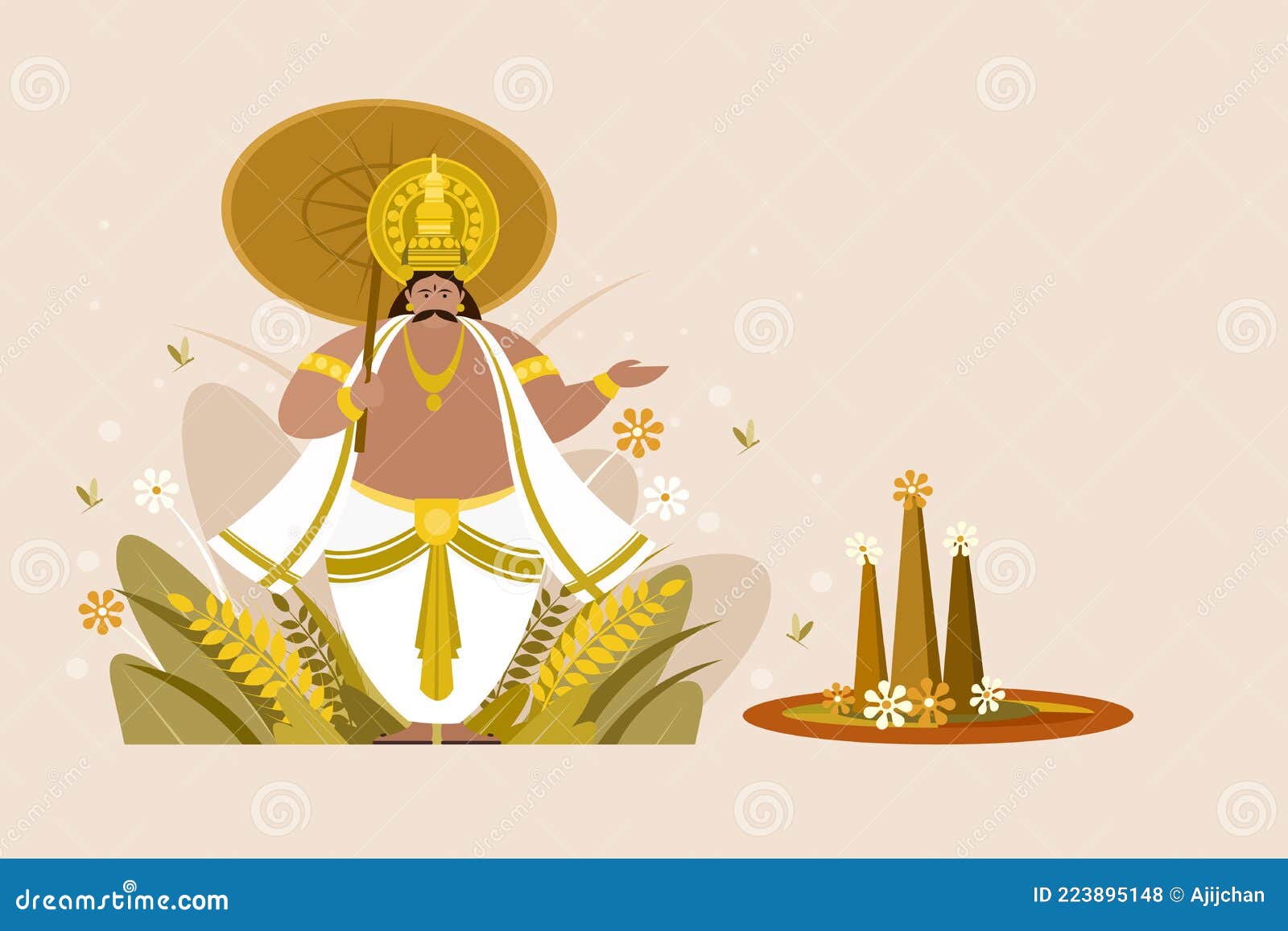 Illustration Of King Mahabali Holding Umbrella With Onam Floral Designs ...