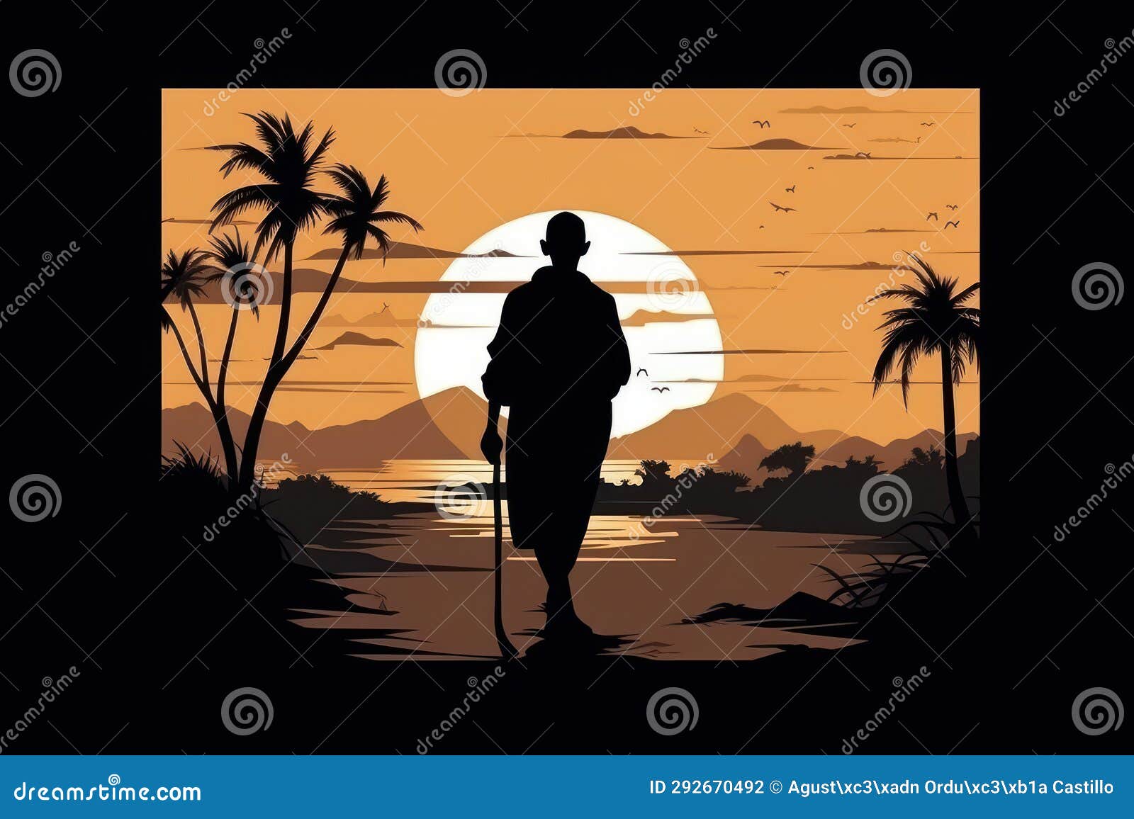 Mahatma Gandhi, Walking at Sunset. Stock Illustration - Illustration of ...