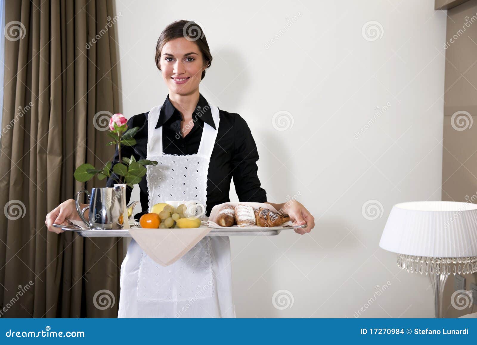 Maid Carrying Breakfast Tray Stock Photo - Image of looking, hotel ...