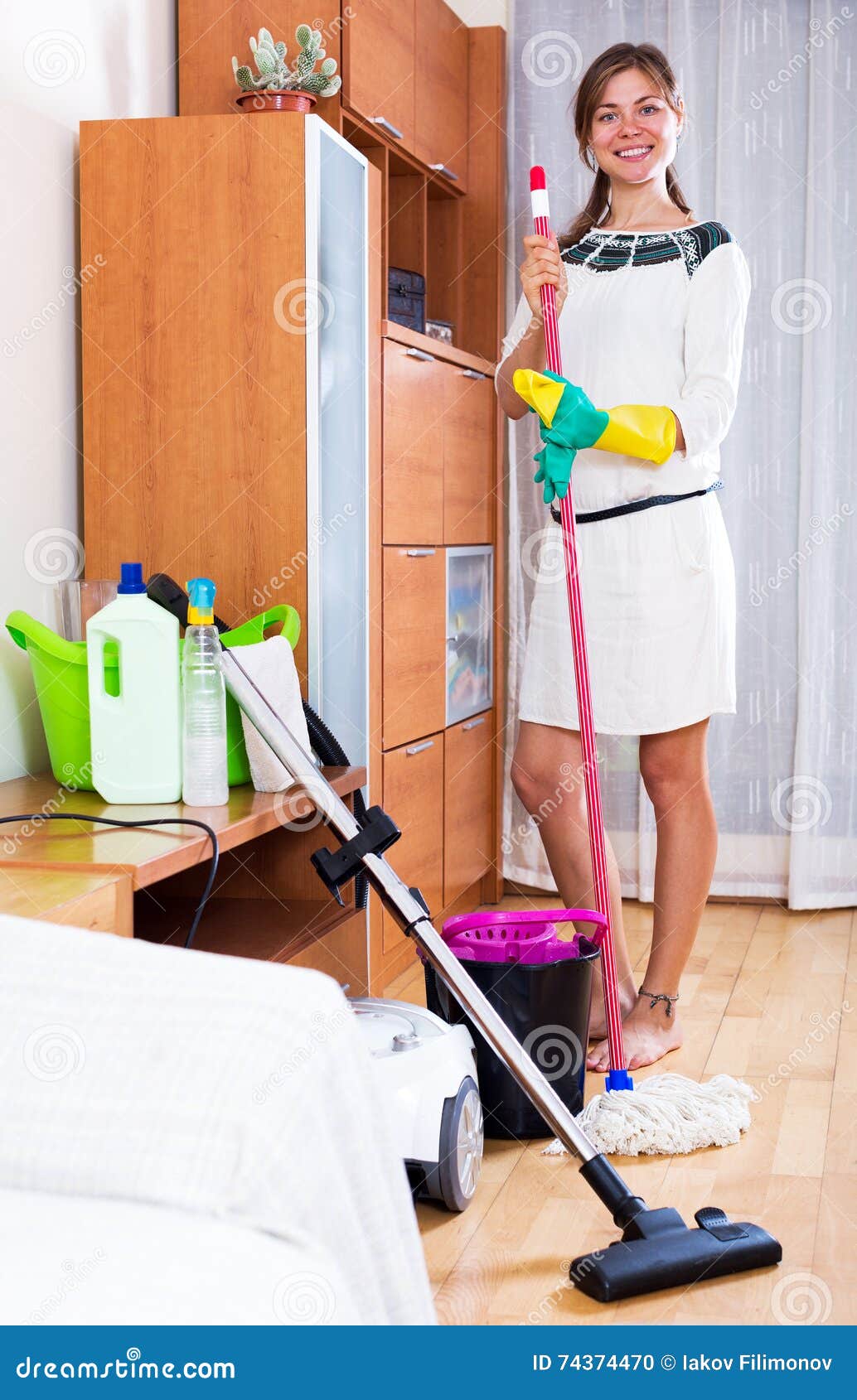 The maid cleans the house stock photo. Image of dusting - 74374470