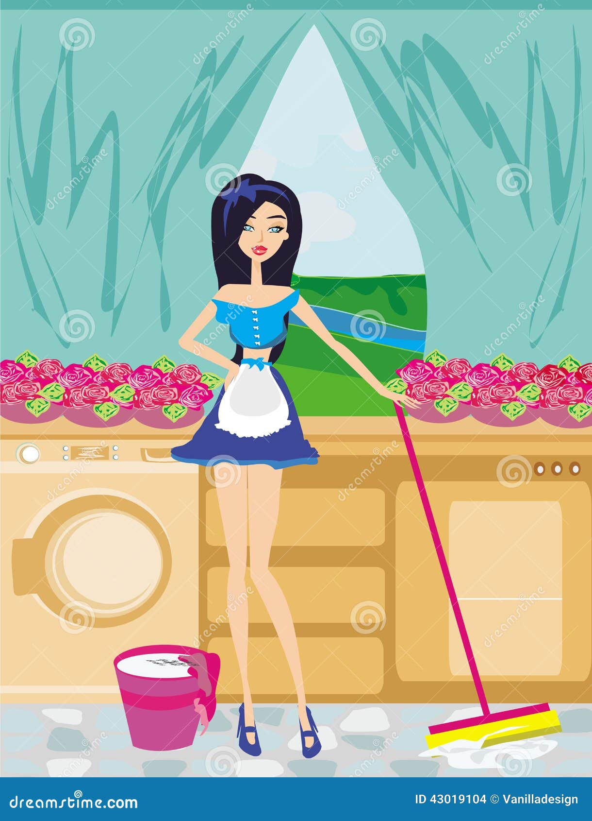 Maid cleans the kitchen stock vector. Illustration of cleaner - 43019104