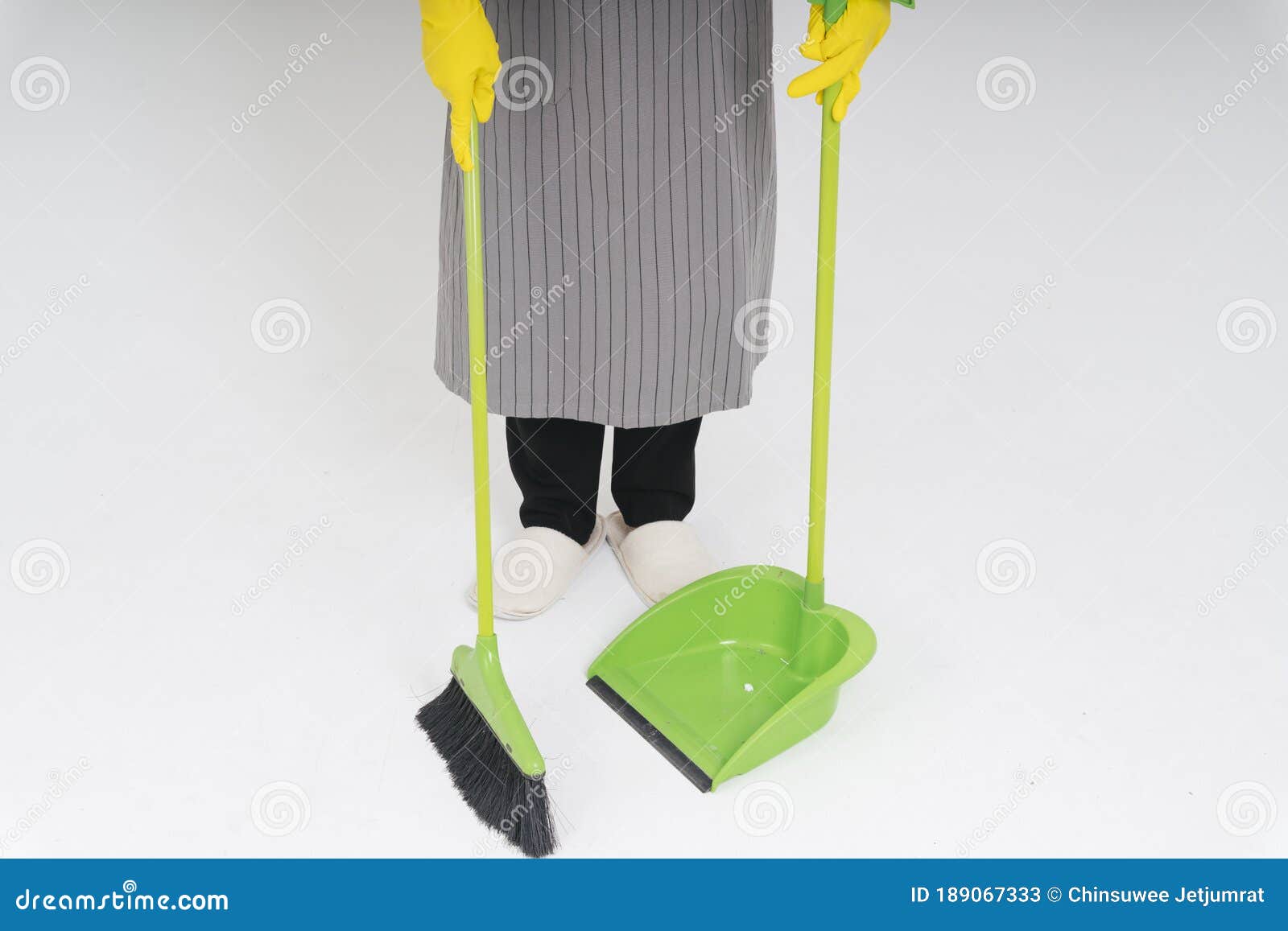 Maid Using Bloom and Dustpan Cleaning Floor Stock Image - Image of ...