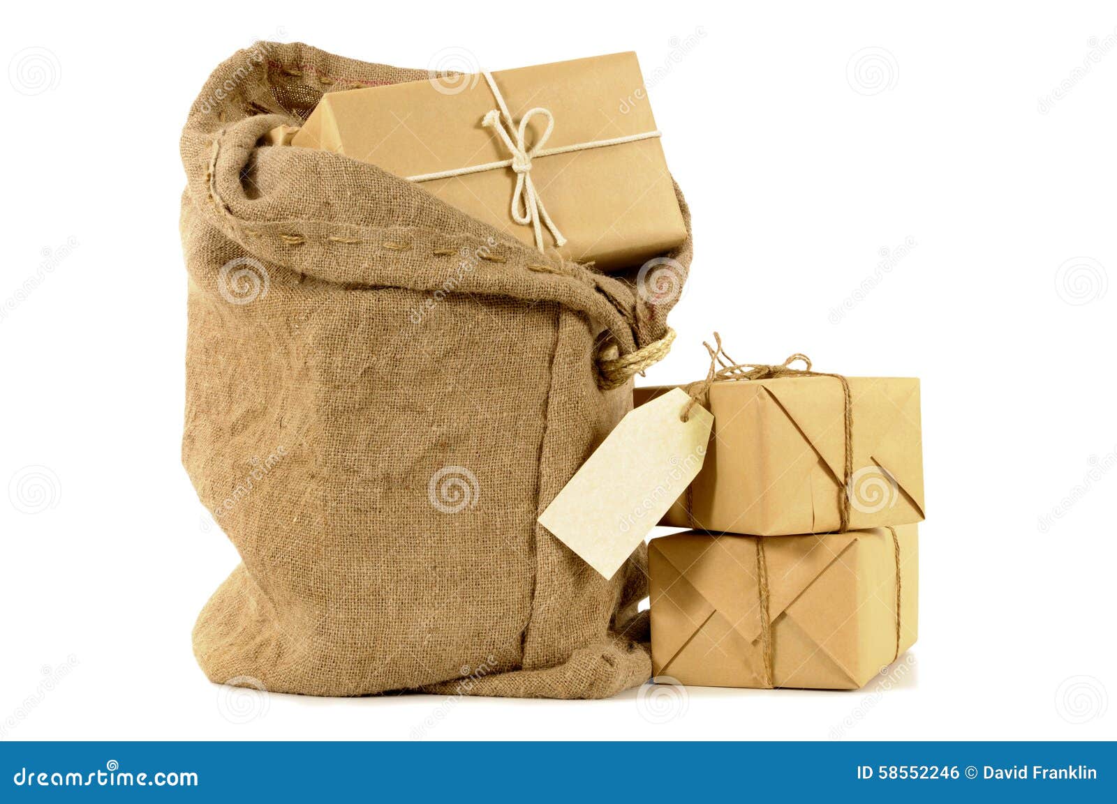 Mail Bag or Sack with Stack of Wrapped Packages, Isolated on White ...