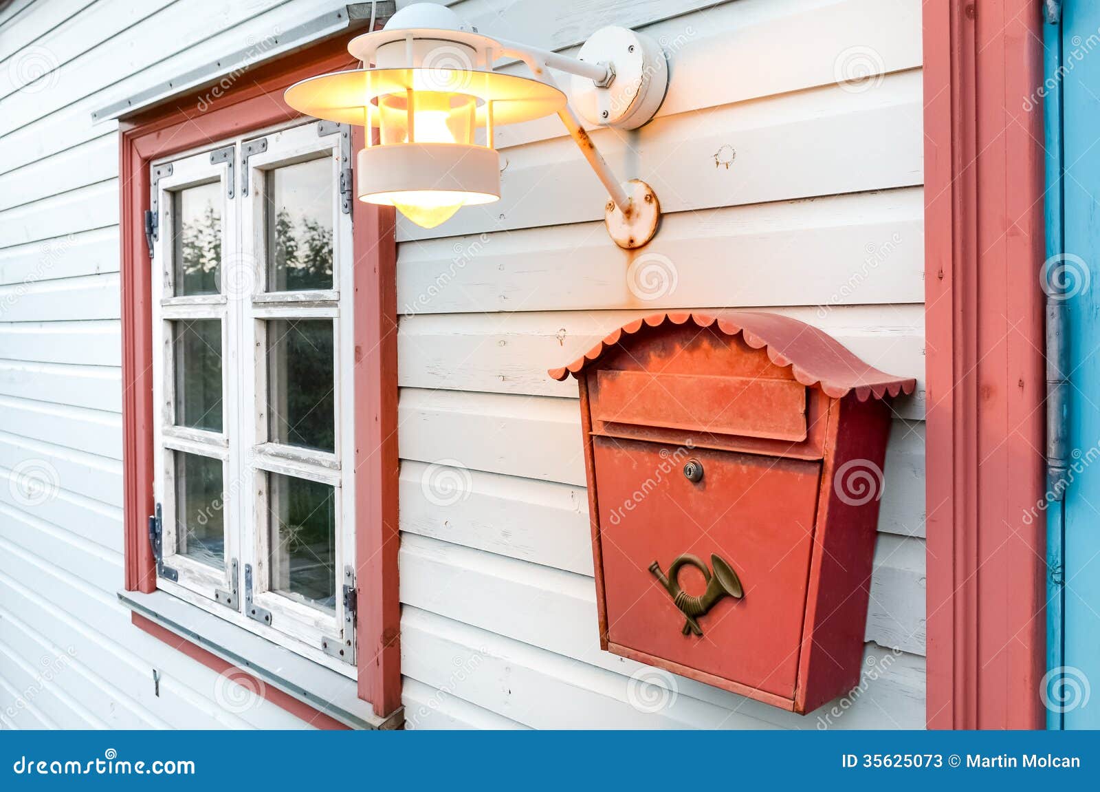 Mail Box, Window and Lamp on a White Wooden House Stock Image - Image ...