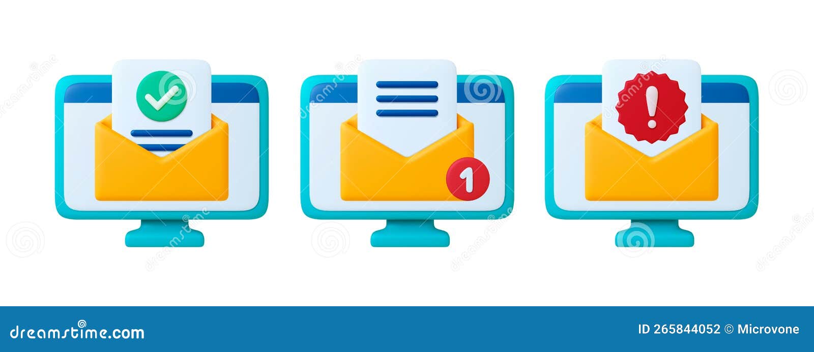 Mail Client 3D Icons. Email on Computer Screen, Error Message and New ...