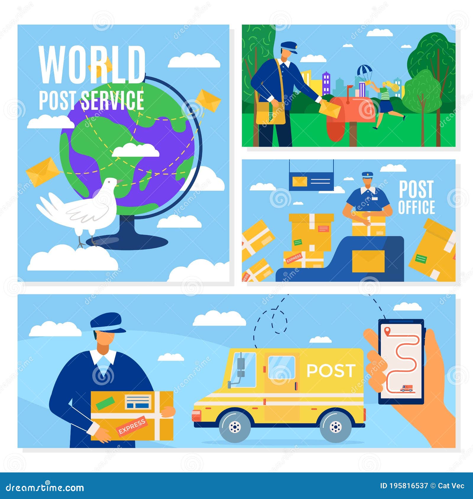 Mail Delivery Service Banners Set, Postal Courier Man in Front of Cargo ...