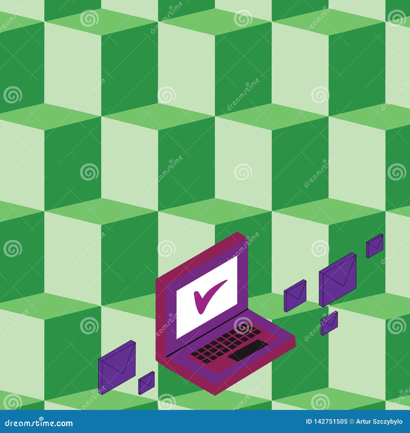 Mail Envelopes Around Laptop with Check Mark on Screen. Computer ...