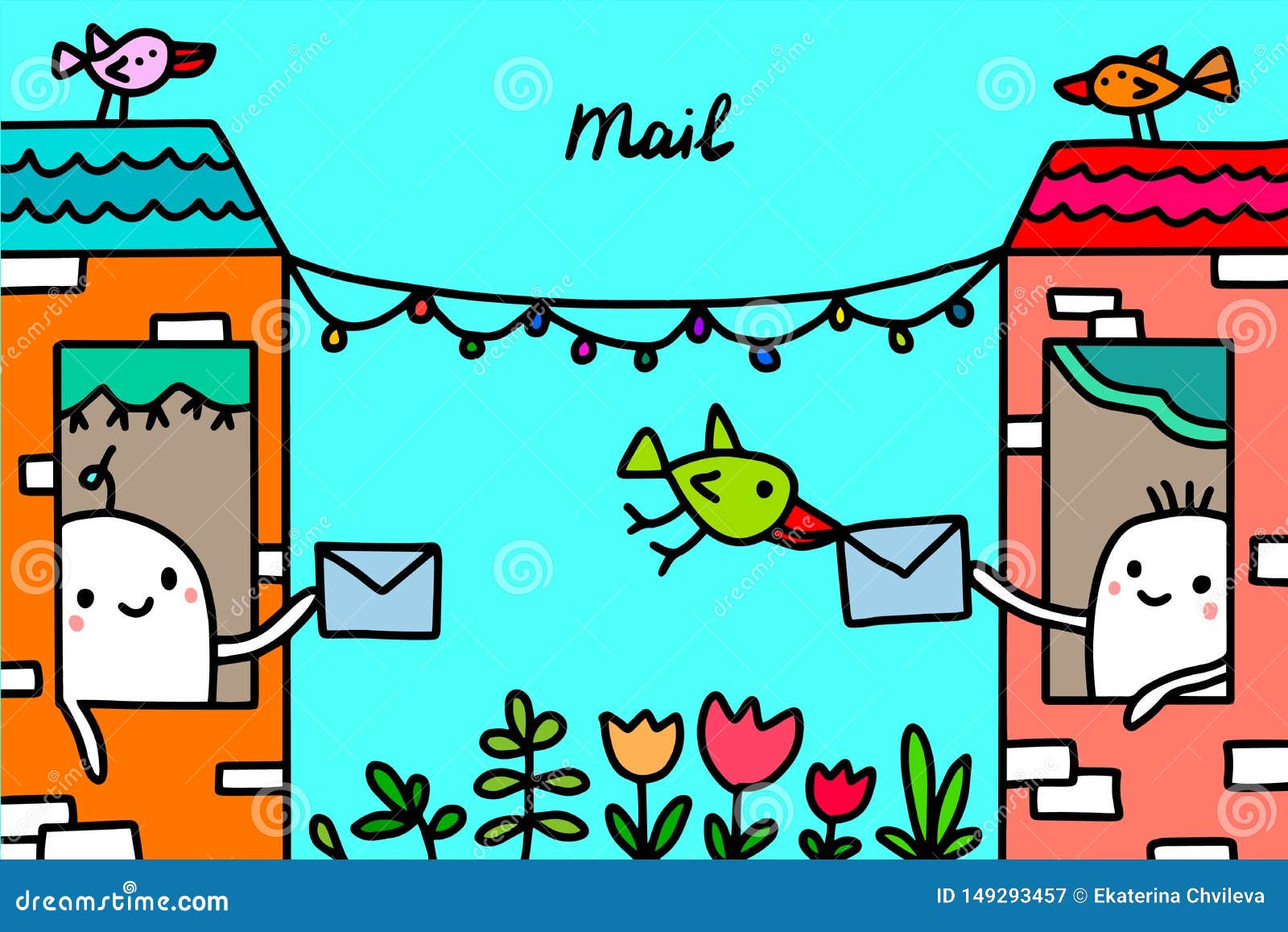 Mail Hand Drawn Vector Illustration. Two Peolpe Sending Letters Stock ...