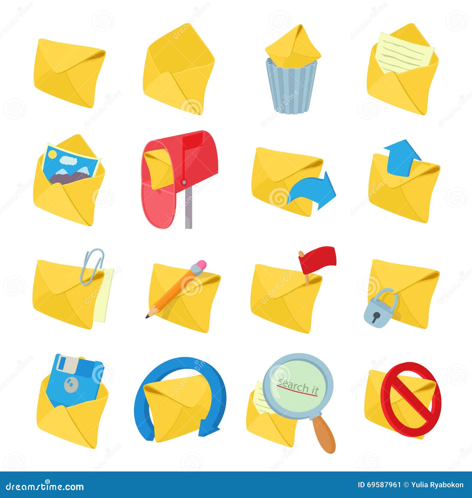 Mail Icons Set, Cartoon Style Stock Vector - Illustration of modern ...