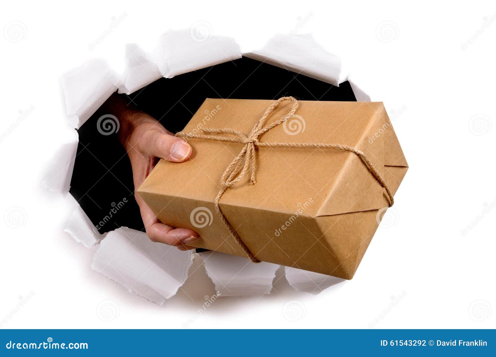 Mail Man or Postman Delivering or Giving Parcel through Torn White ...