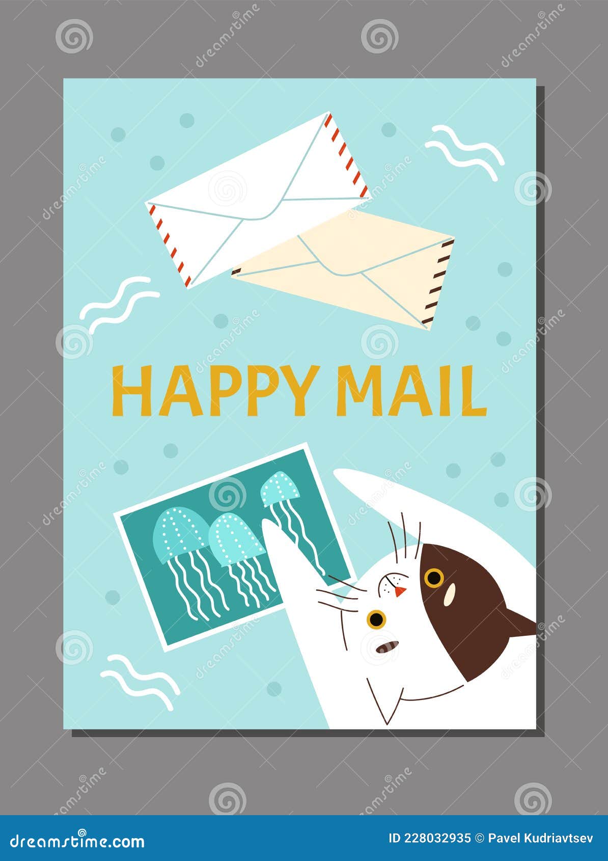 Mail Poster with Cat among Postcards and Envelopes, Flat Vector ...