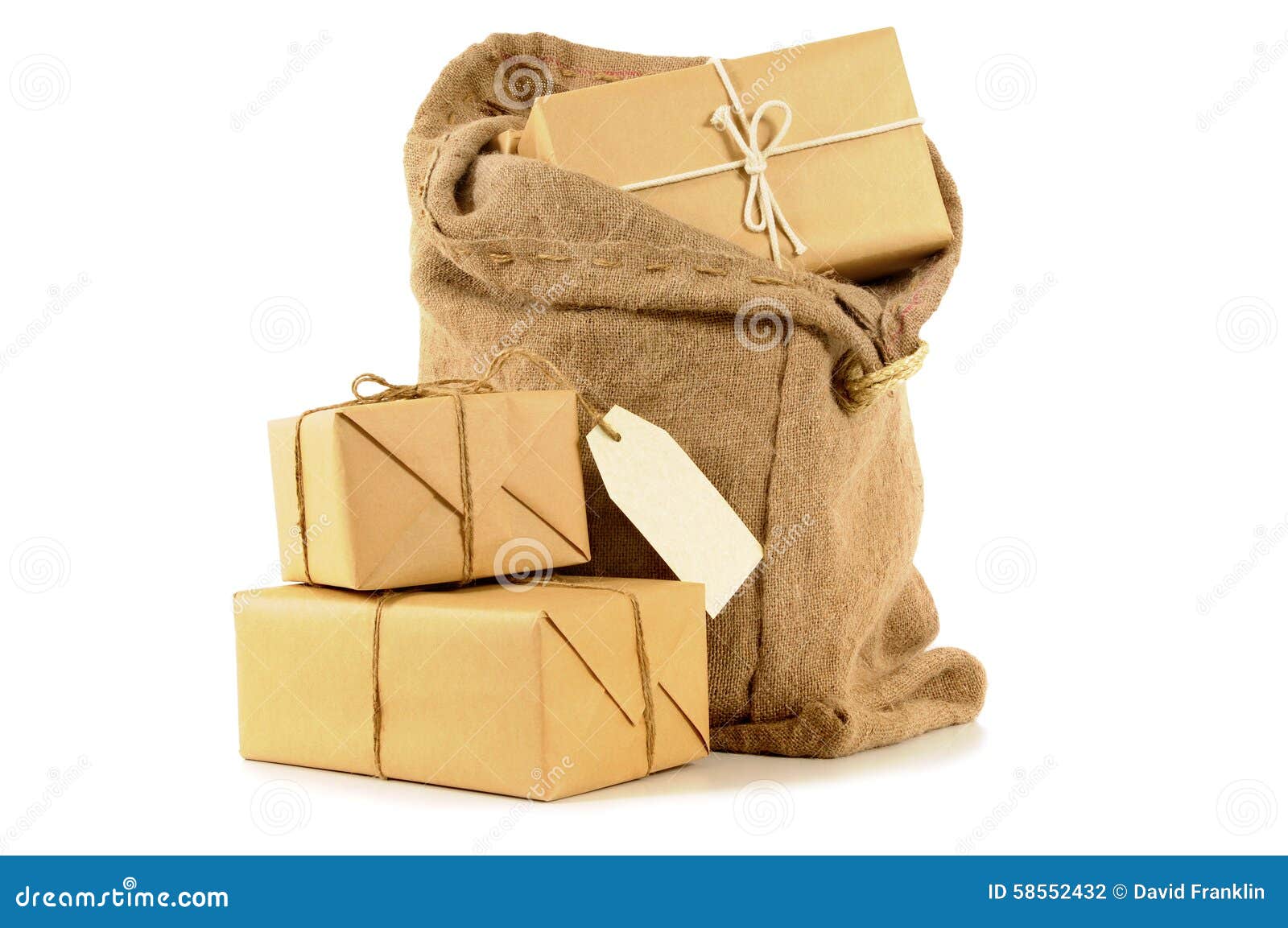 Mail Sack or Post Bag with Several Wrapped Packages, Isolated on White ...