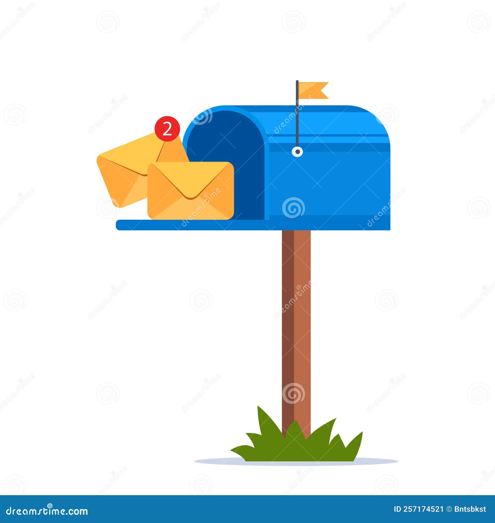 Mailbox with a Raised Flag, with an Open Door and Letters Inside. Blue ...