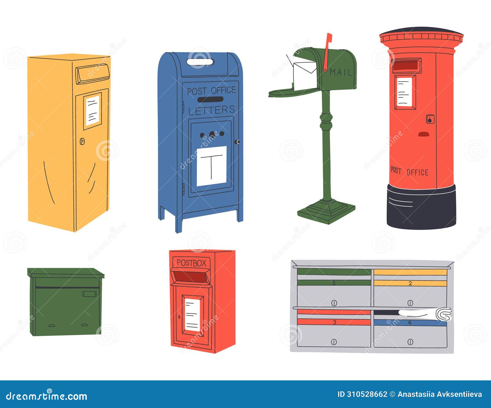 Mailboxes, Postal Letterboxes Set. Different Postboxes, Envelope with ...