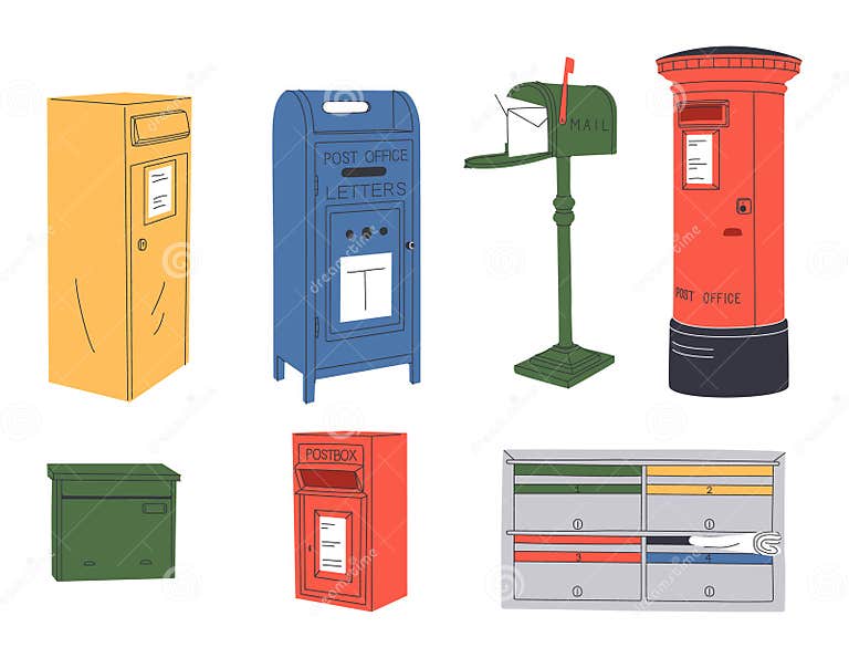 Mailboxes, Postal Letterboxes Set. Different Postboxes, Envelope with Mail, Pigeon, Postcard ...