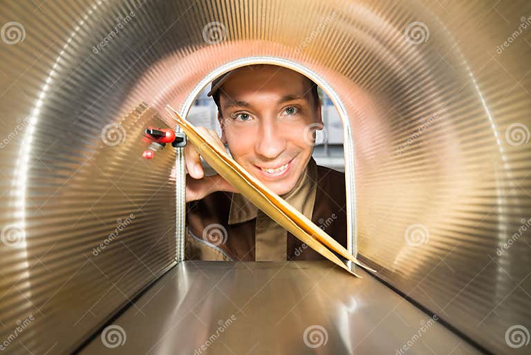 Mailman Placing Envelopes View from Inside the Mailbox Stock Photo ...