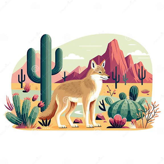 Smiling Coyote in Colorful Desert with Cacti and Mountains, Vector ...