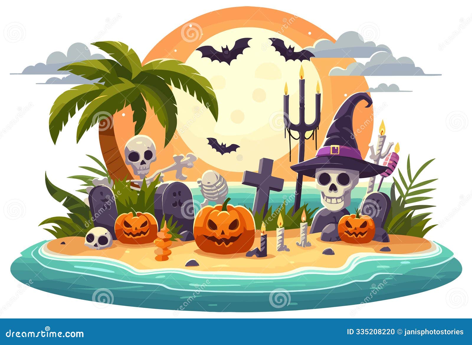 Halloween Beach Scene Vector Illustration, Skeletons and Pumpkins at ...