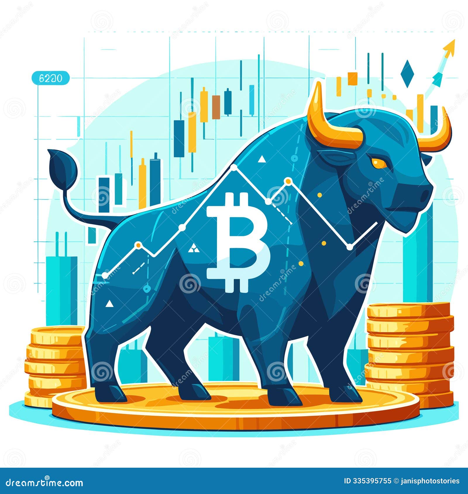 Bull with Bitcoin Logo, Bullish Market Mood, Digital Illustration, Bar ...