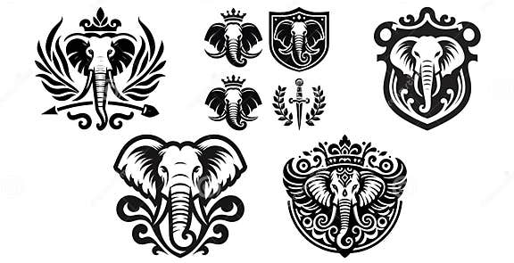 Ornate Elephant Crest Vector Design in Black and White, Symbolizing ...