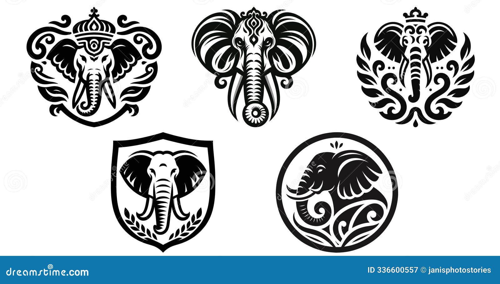 Royal Elephant Crest Designs in Black and White, Vector Illustrations ...