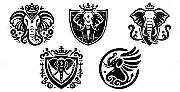 Royal Elephant Crest Icons in Black and White, Vector Illustration ...