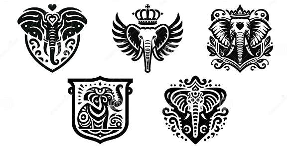 Ornate Elephant Vector Emblems, Black and White, Symbolic of Strength ...