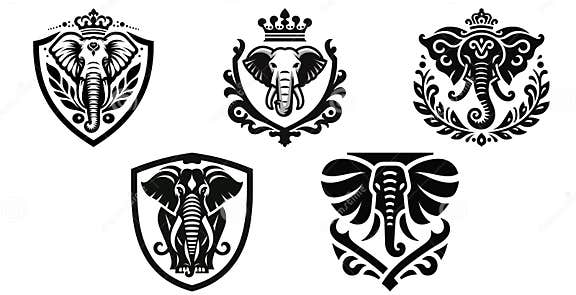 Elephant Crest Emblems, Monochrome Vector Illustration, Black and White ...