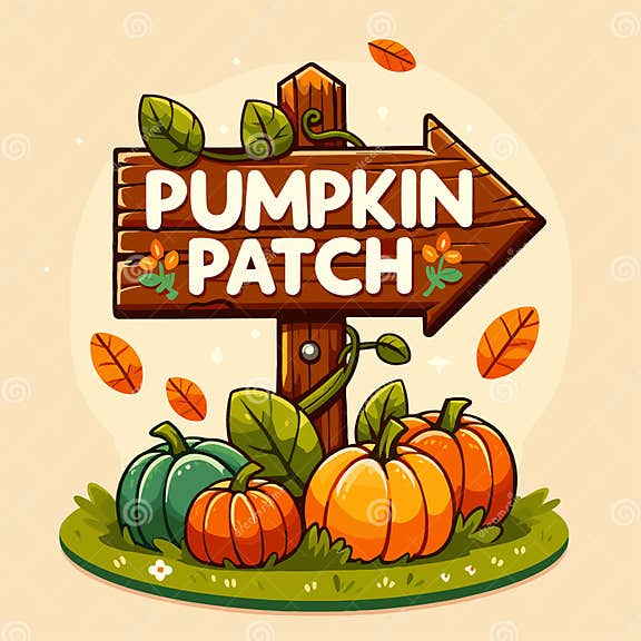 Pumpkin Patch Wooden Sign with Colorful Pumpkins, Fall Leaves, Vector Illustration, Autumn ...