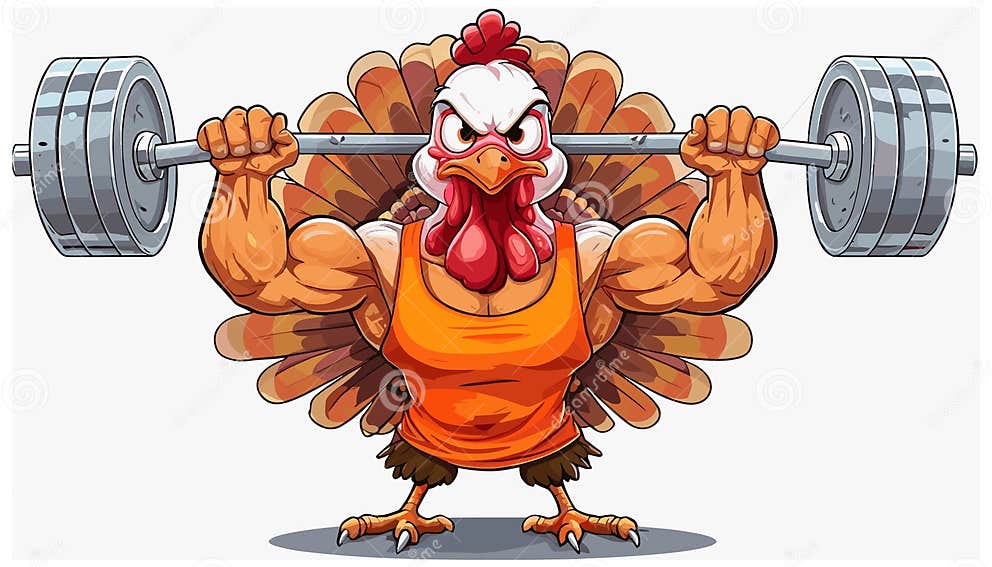 Muscular Turkey Lifting Weights, Cartoon Art, Orange and Brown, Fitness ...