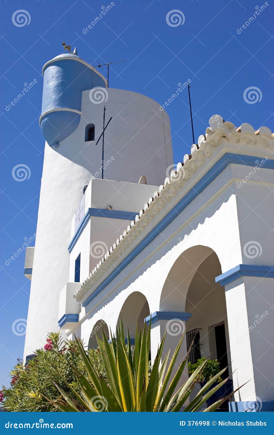 Main Boathouse and Lookout Tower at Duquesa Port in Spain Stock Photo ...