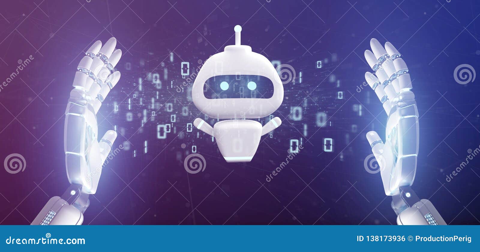 Main De Cyborg Tenant Chatbot Avec Le Rendu Du Code Binaire 3d Photo ...