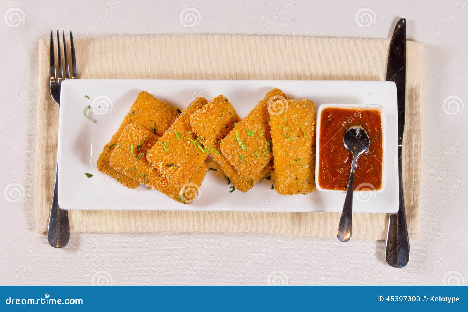 Main Dish with Dipping Sauce on Rectangular Plate Stock Photo - Image ...