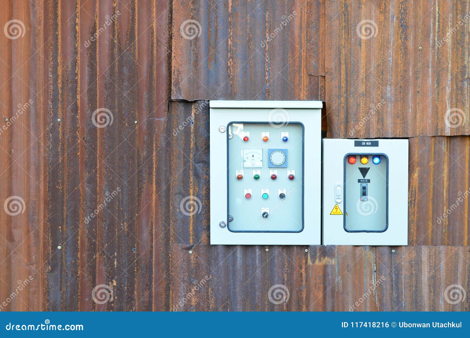 Electric Main Distribution Board or MDB on Rusted Galvanized Wall Stock ...