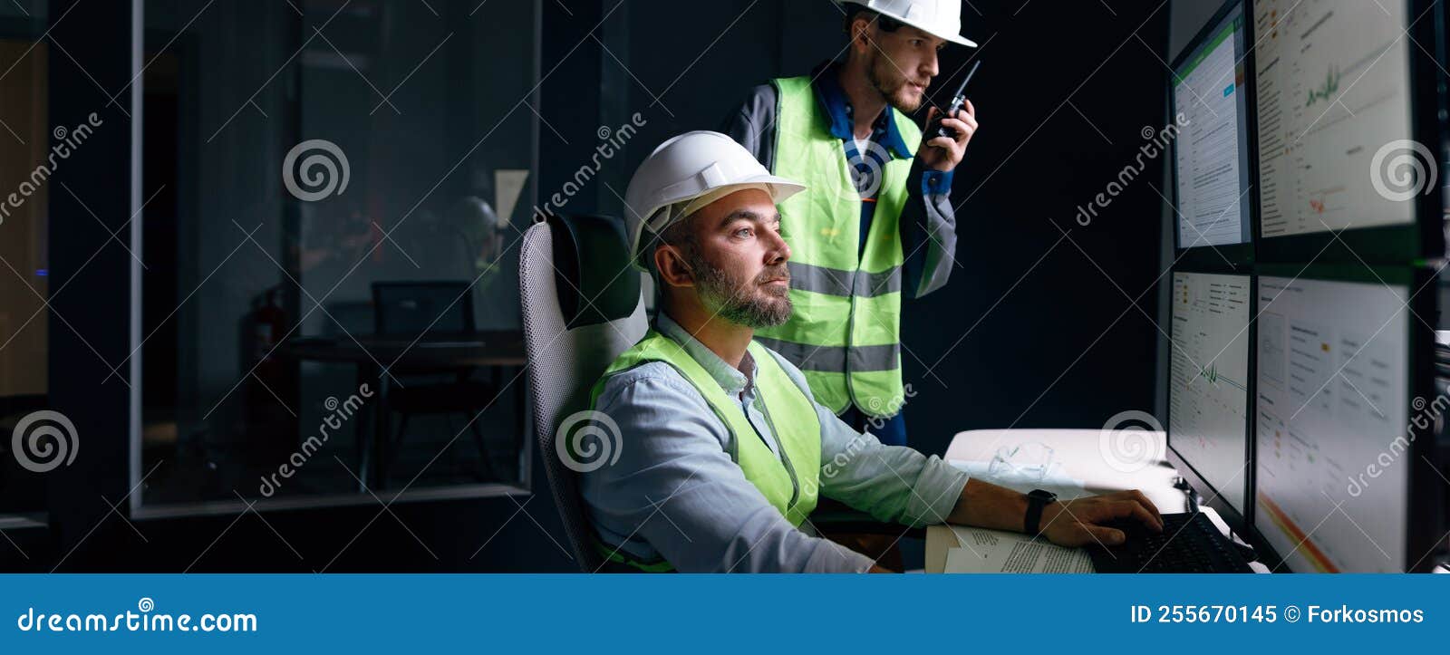 Main Engineer and Workers Operator Wearing Safety Vests and Hard Hats ...