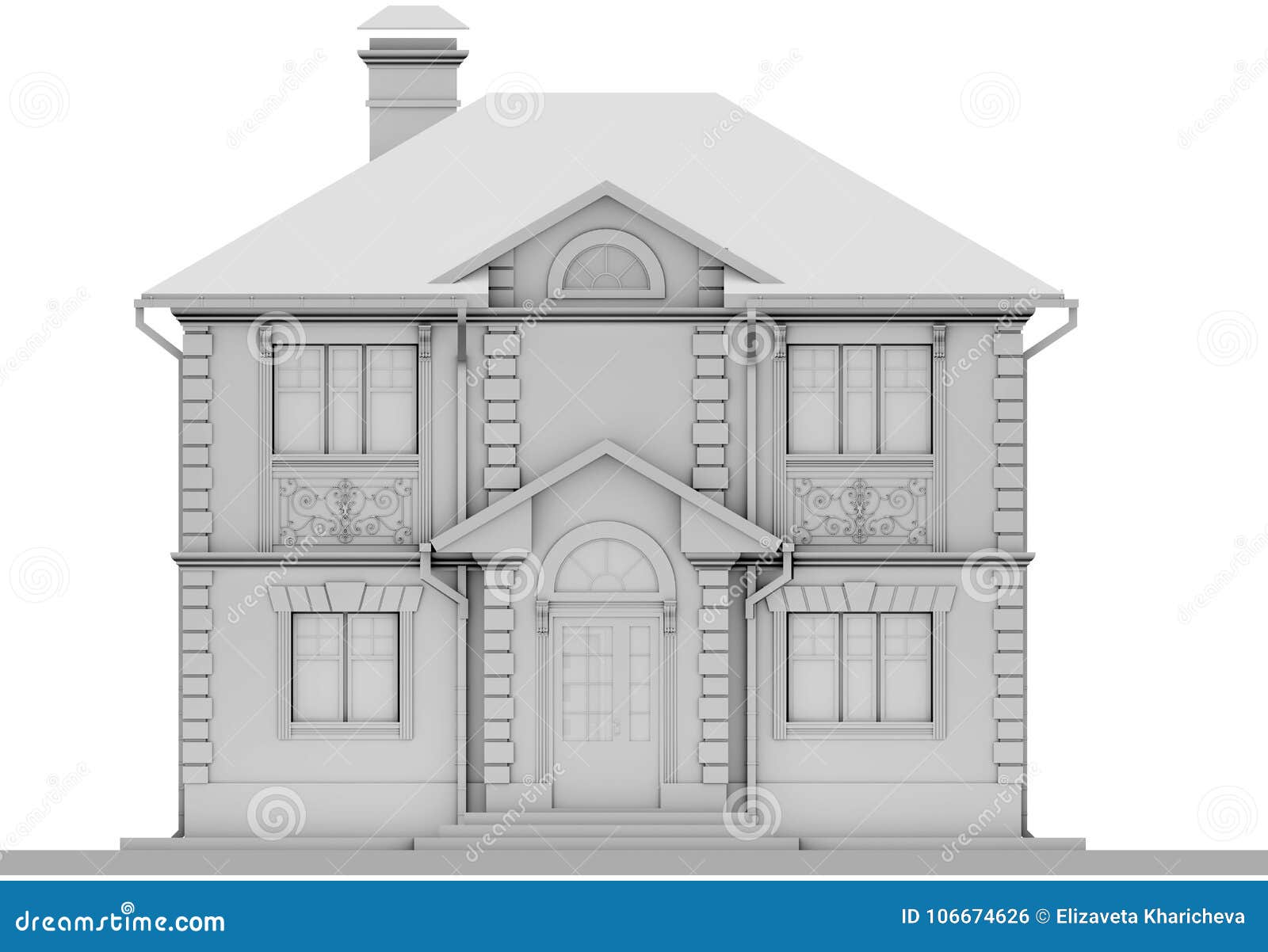 The Main Facade of the White Cottage is Symmetry. 3D Rendering Stock ...