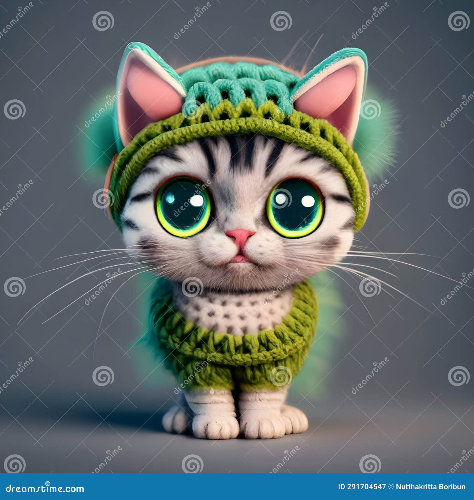 Cute Chibi Cat, Highlighted Crochet, 3d Rendering, Kitten in Green ...